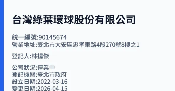 台灣綠葉環球股份有限公司的照片-統編 90145674(臺北市) 公司登記資料與營業項目詳細圖表