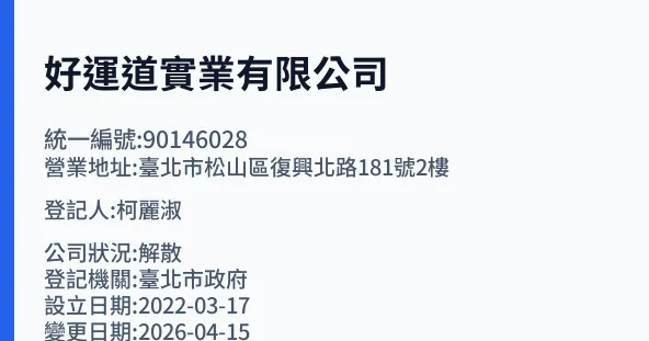 好運道實業有限公司的照片-統編 90146028(臺北市) 公司登記資料與營業項目詳細圖表