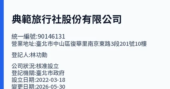 典範旅行社股份有限公司的照片-統編 90146131(臺北市) 公司登記資料與營業項目詳細圖表