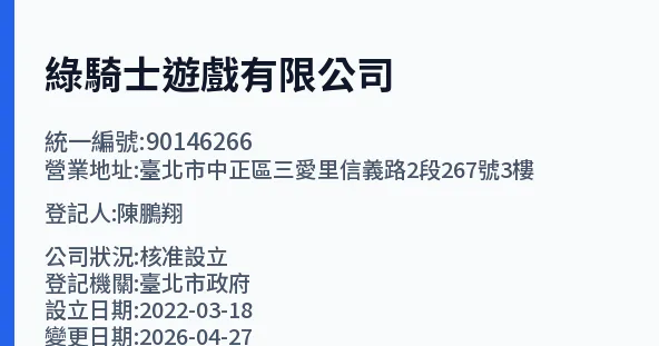綠騎士遊戲有限公司的照片-統編 90146266(臺北市) 公司登記資料與營業項目詳細圖表