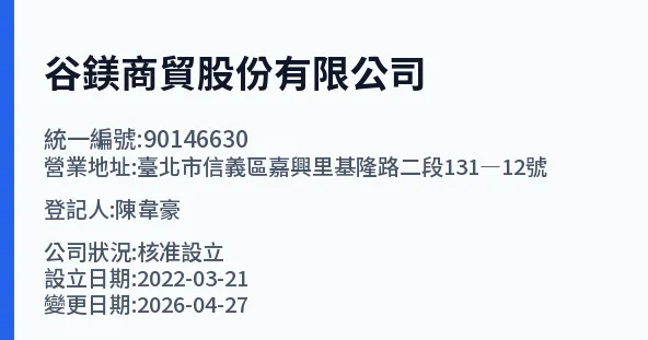 谷鎂商貿股份有限公司的照片-統編 90146630(臺北市) 公司登記資料與營業項目詳細圖表