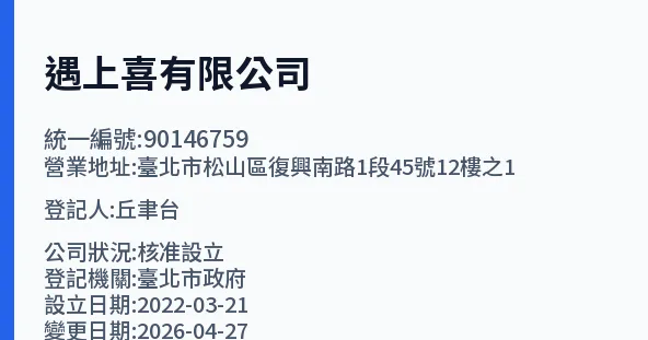 遇上喜有限公司的照片-統編 90146759(臺北市) 公司登記資料與營業項目詳細圖表