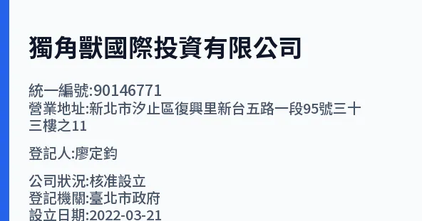 獨角獸國際投資有限公司的照片-統編 90146771(新北市) 公司登記資料與營業項目詳細圖表