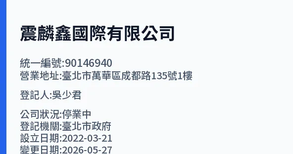 震麟鑫國際有限公司的照片-統編 90146940(臺北市) 公司登記資料與營業項目詳細圖表