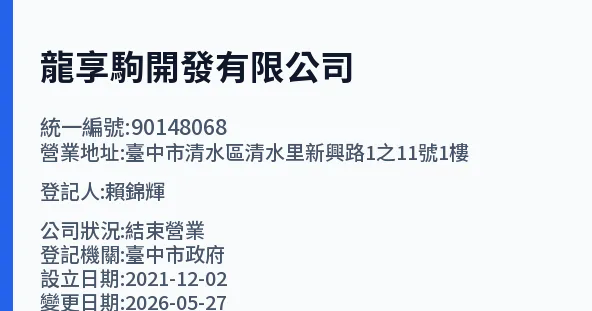 龍享駒開發有限公司的照片-統編 90148068(臺中市) 公司登記資料與營業項目詳細圖表