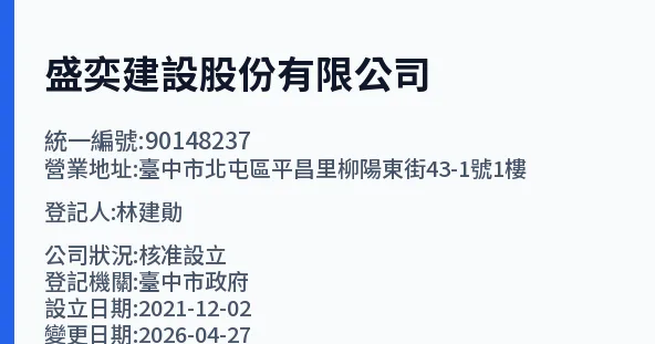 盛奕建設股份有限公司的照片-統編 90148237(臺中市) 公司登記資料與營業項目詳細圖表