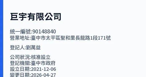 巨宇有限公司的照片-統編 90148840(臺中市) 公司登記資料與營業項目詳細圖表