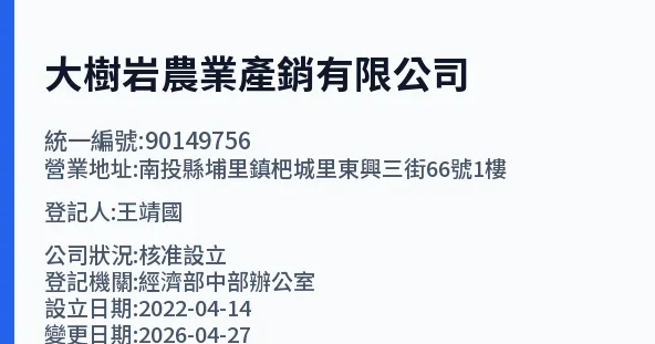 大樹岩農業產銷有限公司的照片-統編 90149756(南投縣) 公司登記資料與營業項目詳細圖表