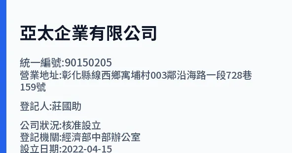 亞太企業有限公司的照片-統編 90150205(彰化縣) 公司登記資料與營業項目詳細圖表