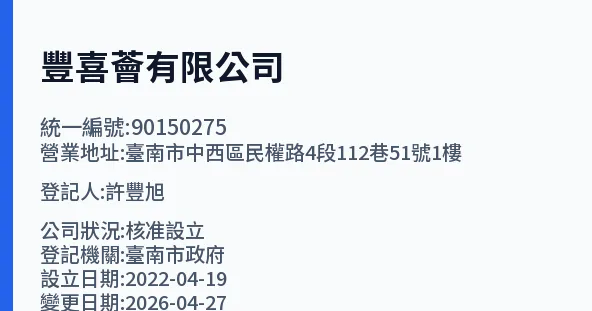 豐喜薈有限公司的照片-統編 90150275(臺南市) 公司登記資料與營業項目詳細圖表