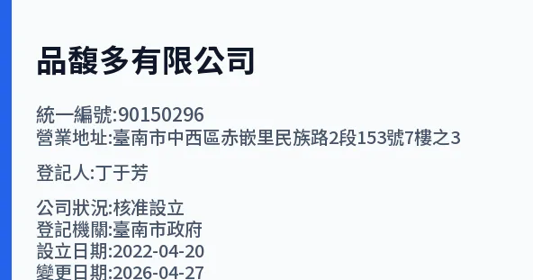 品馥多有限公司的照片-統編 90150296(臺南市) 公司登記資料與營業項目詳細圖表