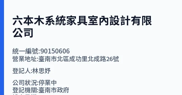 六本木系統家具室內設計有限公司的照片-統編 90150606(臺南市) 公司登記資料與營業項目詳細圖表