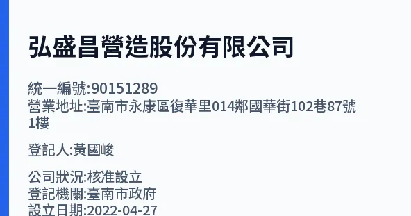 弘盛昌營造股份有限公司的照片-統編 90151289(臺南市) 公司登記資料與營業項目詳細圖表