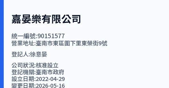 嘉晏樂有限公司的照片-統編 90151577(臺南市) 公司登記資料與營業項目詳細圖表