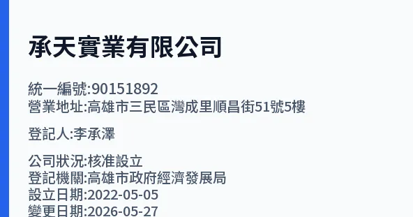 承天實業有限公司的照片-統編 90151892(高雄市) 公司登記資料與營業項目詳細圖表