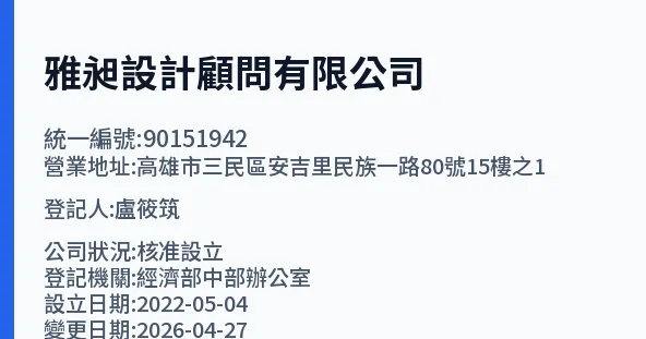 雅昶設計顧問有限公司的照片-統編 90151942(高雄市) 公司登記資料與營業項目詳細圖表