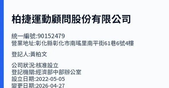 柏捷運動顧問股份有限公司的照片-統編 90152479(彰化縣) 公司登記資料與營業項目詳細圖表
