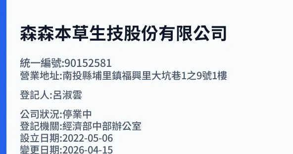 森森本草生技股份有限公司的照片-統編 90152581(南投縣) 公司登記資料與營業項目詳細圖表