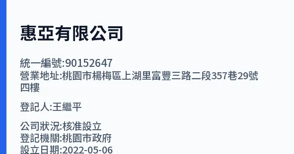 惠亞有限公司的照片-統編 90152647(桃園市) 公司登記資料與營業項目詳細圖表