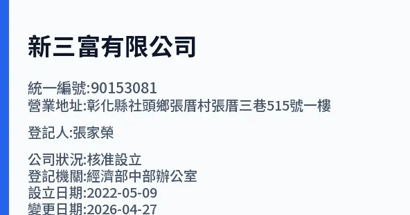 新三富有限公司的照片-統編 90153081(彰化縣) 公司登記資料與營業項目詳細圖表