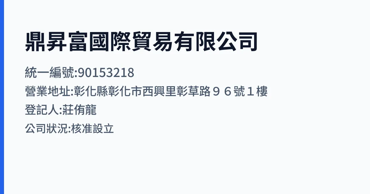 鼎昇富國際貿易有限公司 - 統編 90153218(彰化縣) 公司登記資料與營業項目詳細圖表