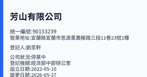 芳山有限公司的照片-統編 90153239(宜蘭縣) 公司登記資料與營業項目詳細圖表