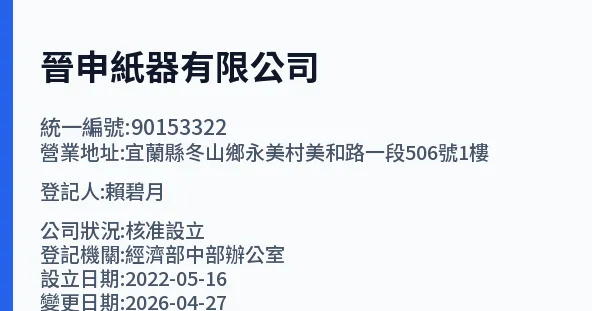 晉申紙器有限公司的照片-統編 90153322(宜蘭縣) 公司登記資料與營業項目詳細圖表