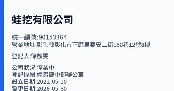 蛙挖有限公司的照片-統編 90153364(彰化縣) 公司登記資料與營業項目詳細圖表