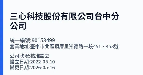 三心科技股份有限公司台中分公司的照片-統編 90153499(臺中市) 公司登記資料與營業項目詳細圖表
