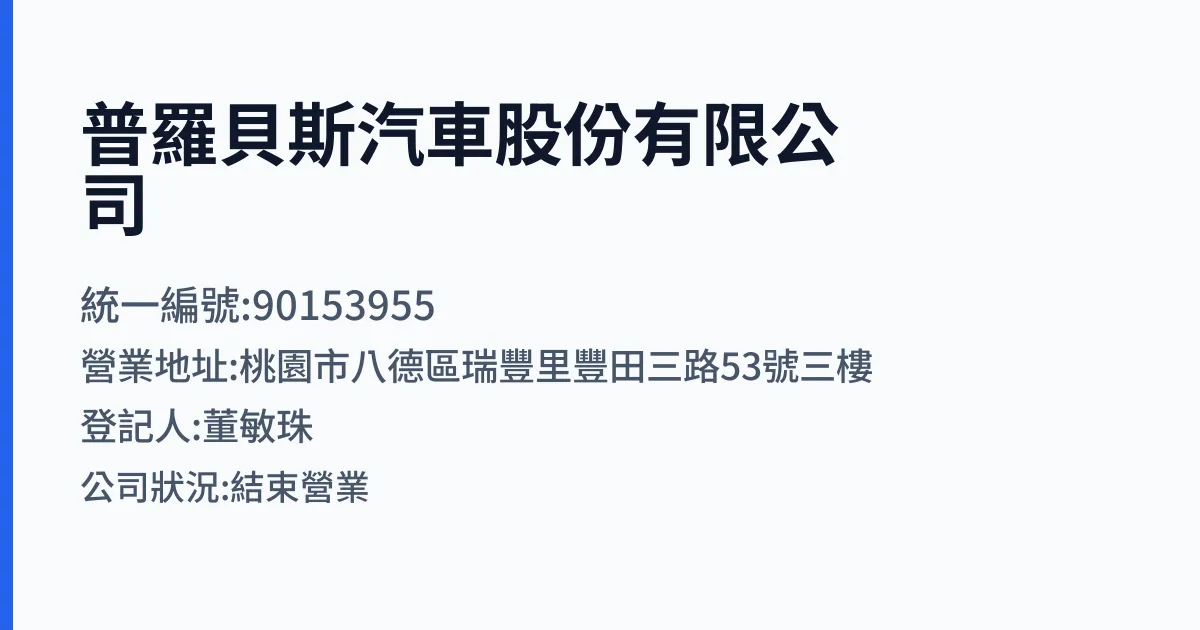 普羅貝斯汽車股份有限公司 - 統編 90153955(桃園市) 公司登記資料與營業項目詳細圖表