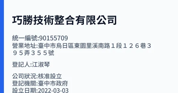 巧勝技術整合有限公司的照片-統編 90155709(臺中市) 公司登記資料與營業項目詳細圖表
