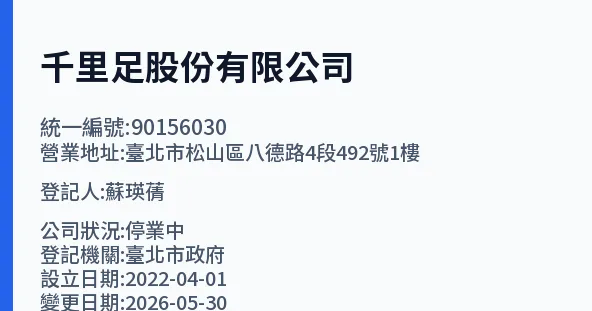 千里足股份有限公司的照片-統編 90156030(臺北市) 公司登記資料與營業項目詳細圖表