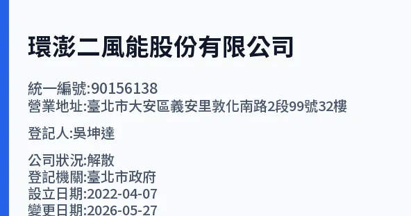 環澎二風能股份有限公司的照片-統編 90156138(臺北市) 公司登記資料與營業項目詳細圖表