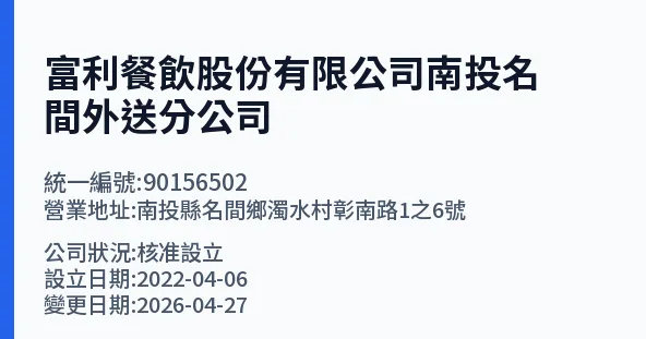 富利餐飲股份有限公司南投名間外送分公司的照片-統編 90156502(南投縣) 公司登記資料與營業項目詳細圖表