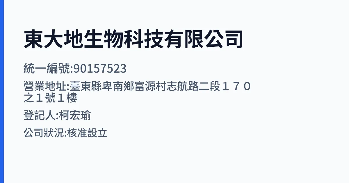 東大地生物科技有限公司 - 統編 90157523(臺東縣) 公司登記資料與營業項目詳細圖表