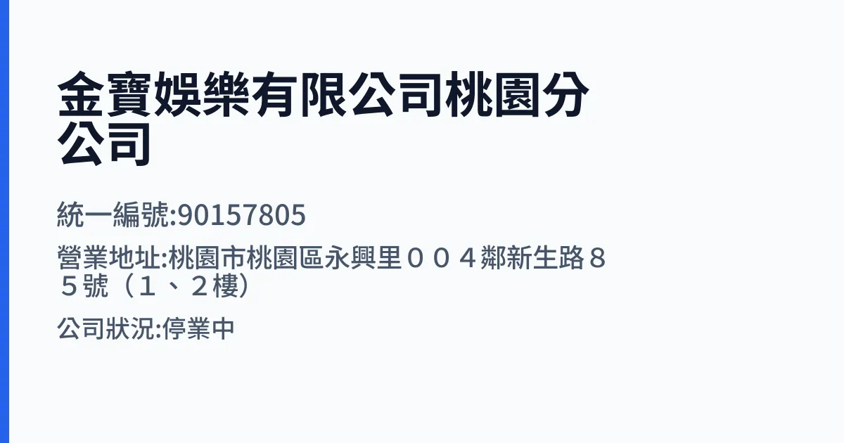 金寶娛樂有限公司桃園分公司 - 統編 90157805(桃園市) 公司登記資料與營業項目詳細圖表