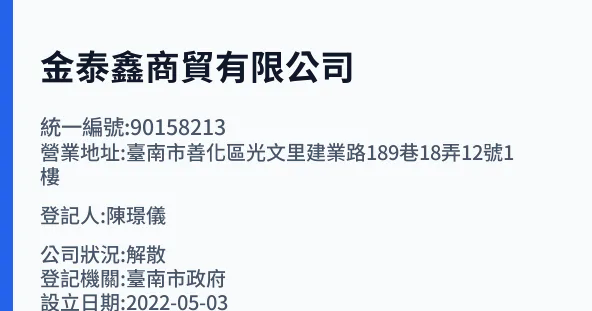 金泰鑫商貿有限公司的照片-統編 90158213(臺南市) 公司登記資料與營業項目詳細圖表
