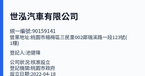 世泓汽車有限公司的照片-統編 90159141(桃園市) 公司登記資料與營業項目詳細圖表