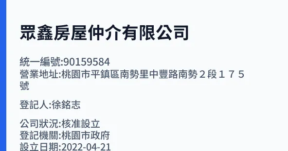 眾鑫房屋仲介有限公司的照片-統編 90159584(桃園市) 公司登記資料與營業項目詳細圖表