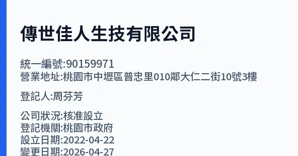 傳世佳人生技有限公司的照片-統編 90159971(桃園市) 公司登記資料與營業項目詳細圖表
