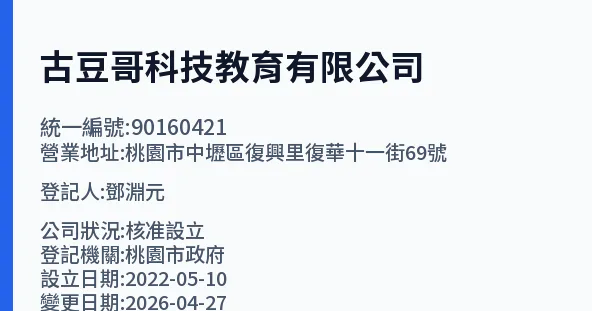古豆哥科技教育有限公司的照片-統編 90160421(桃園市) 公司登記資料與營業項目詳細圖表
