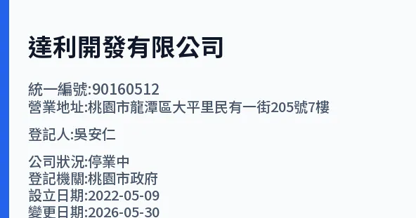 達利開發有限公司的照片-統編 90160512(桃園市) 公司登記資料與營業項目詳細圖表