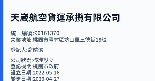 天崴航空貨運承攬有限公司的照片-統編 90161370(桃園市) 公司登記資料與營業項目詳細圖表