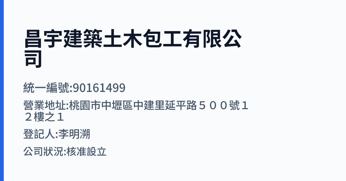 昌宇建築土木包工有限公司 - 統編 90161499(桃園市) 公司登記資料與營業項目詳細圖表