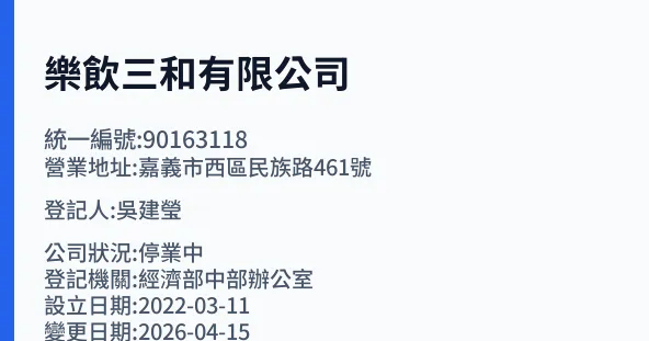 樂飲三和有限公司的照片-統編 90163118(嘉義市) 公司登記資料與營業項目詳細圖表