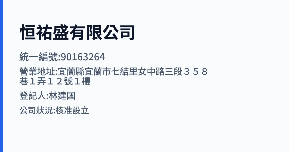恒祐盛有限公司 - 統編 90163264(宜蘭縣) 公司登記資料與營業項目詳細圖表