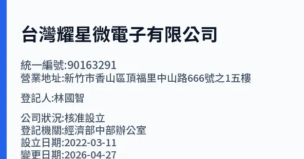 台灣耀星微電子有限公司的照片-統編 90163291(新竹市) 公司登記資料與營業項目詳細圖表