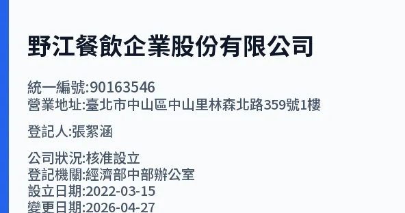 野江餐飲企業股份有限公司的照片-統編 90163546(臺北市) 公司登記資料與營業項目詳細圖表