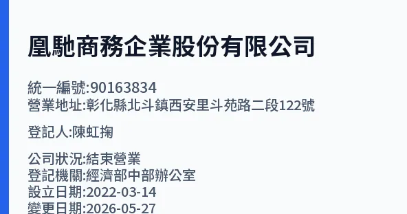 凰馳商務企業股份有限公司的照片-統編 90163834(彰化縣) 公司登記資料與營業項目詳細圖表