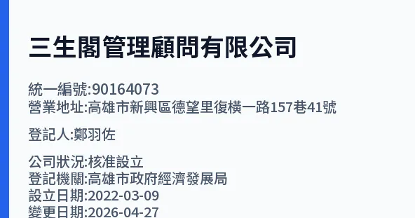 三生閣管理顧問有限公司的照片-統編 90164073(高雄市) 公司登記資料與營業項目詳細圖表